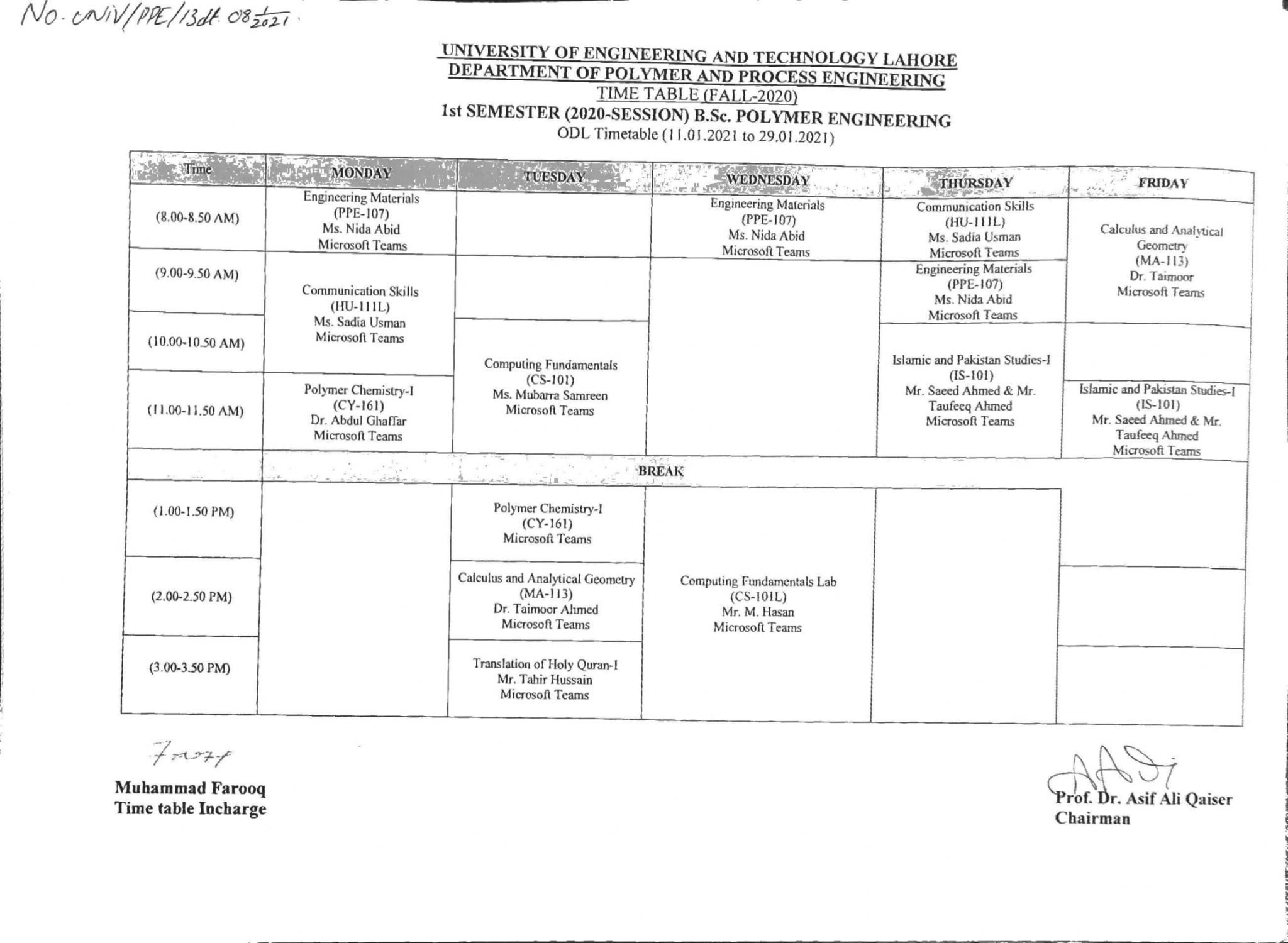 Time Table – Department of Polymer & Process Engineering